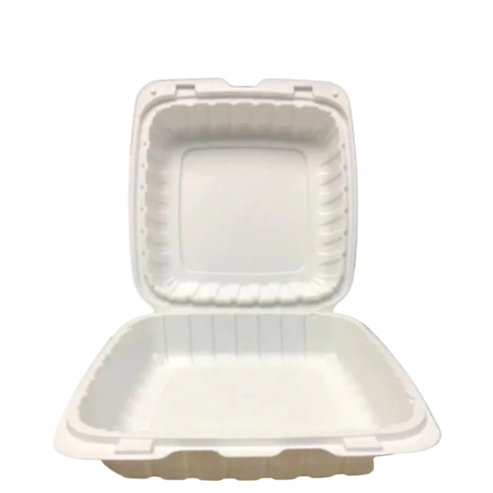 8" X 8" X 3" WHITE PLASTIC POLYPROPYLENE HINGED CONTAINER VENTED 1 COM — P Plus Packaging